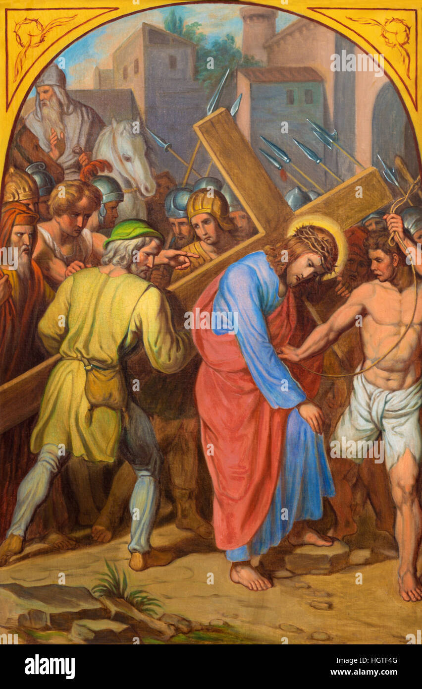 Wien, Österreich - 19. Dezember 2016: Das Gemälde The Jesus trägt sein Kreuz in Kirche Kirche St ...