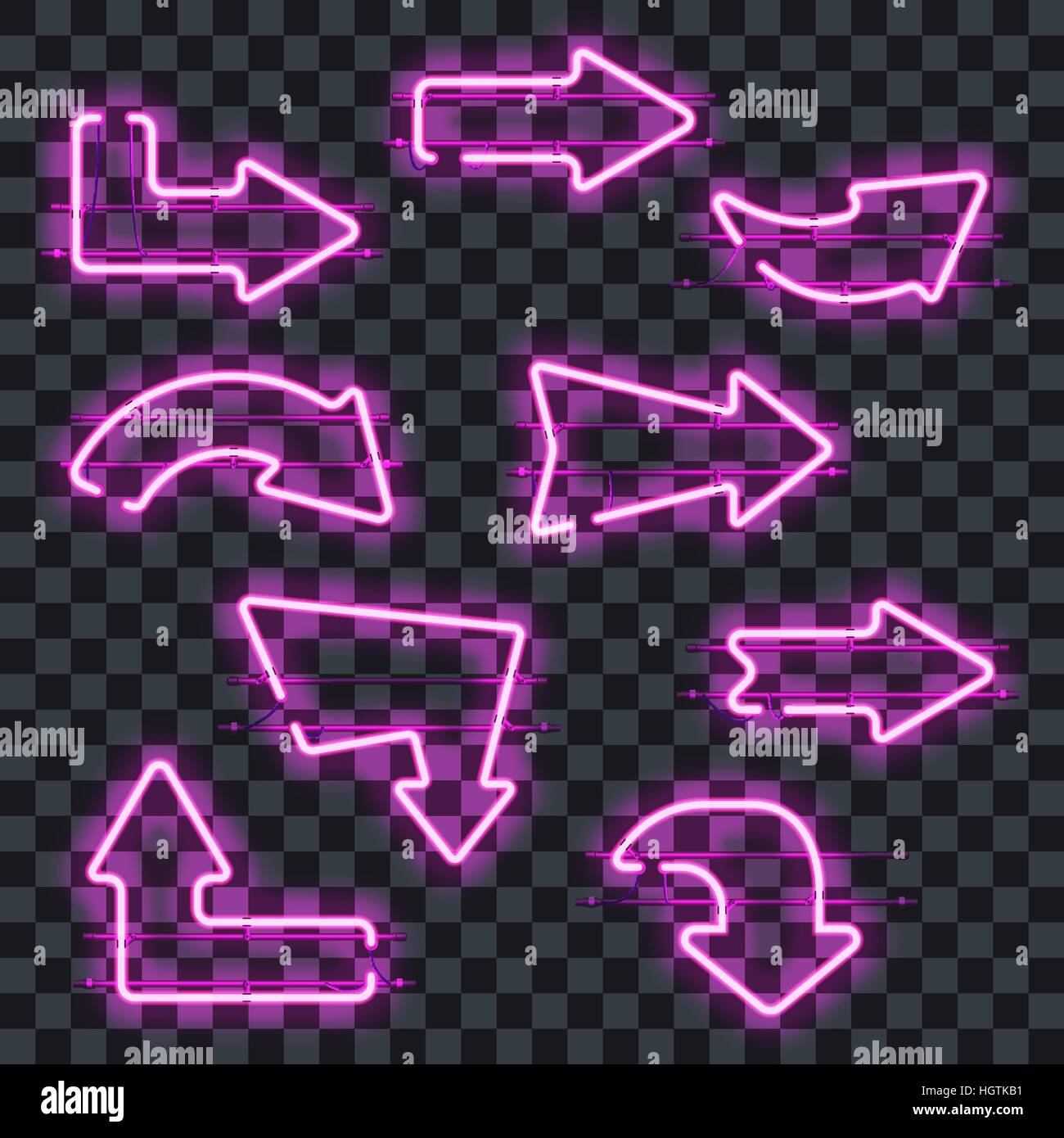 Reihe von leuchtenden lila Neon Pfeile auf transparenten Hintergrund ...