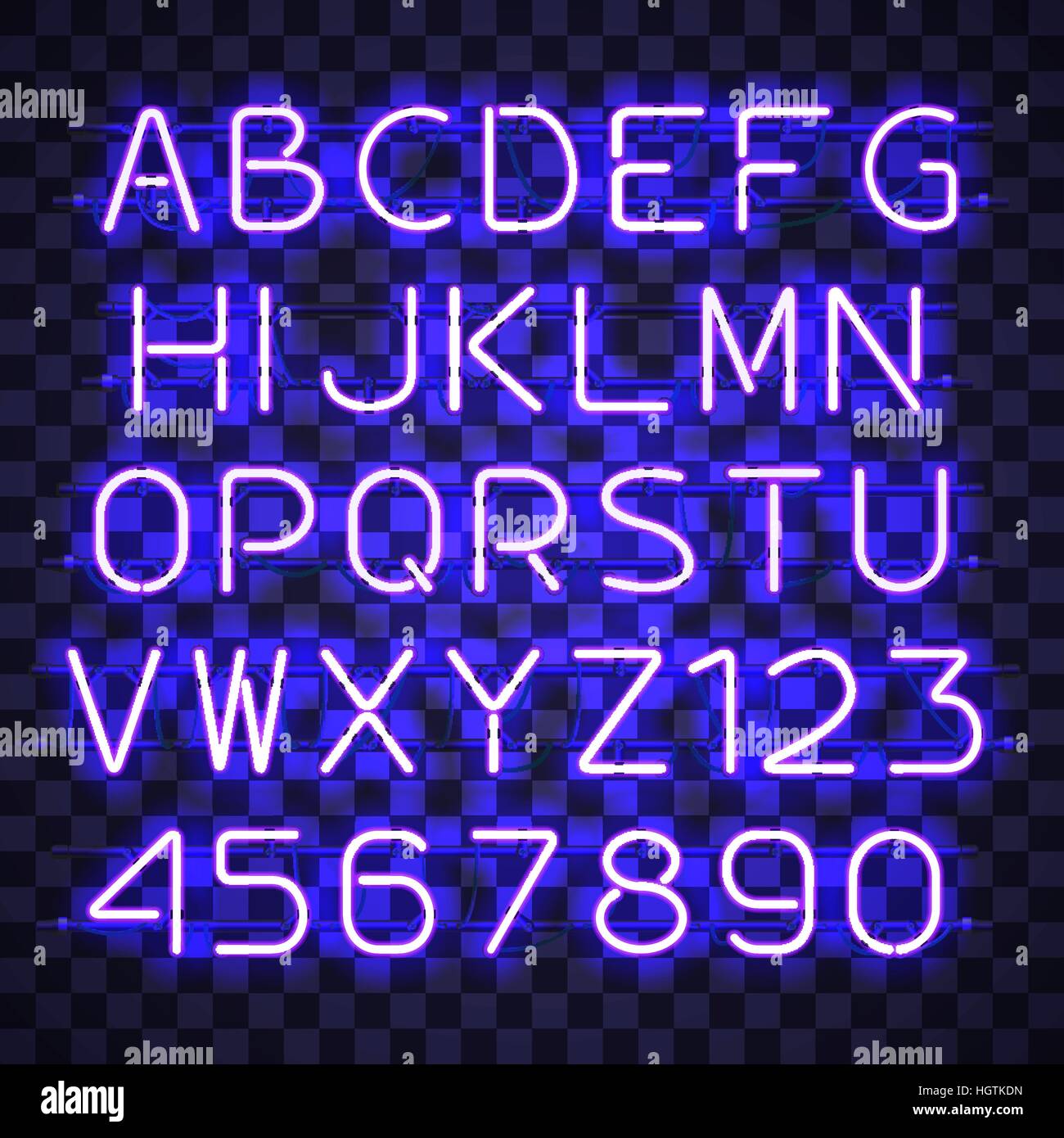 Leuchtenden blauen Neon-Alphabet mit Buchstaben von A bis Z und Ziffern 0 bis 9 auf ...