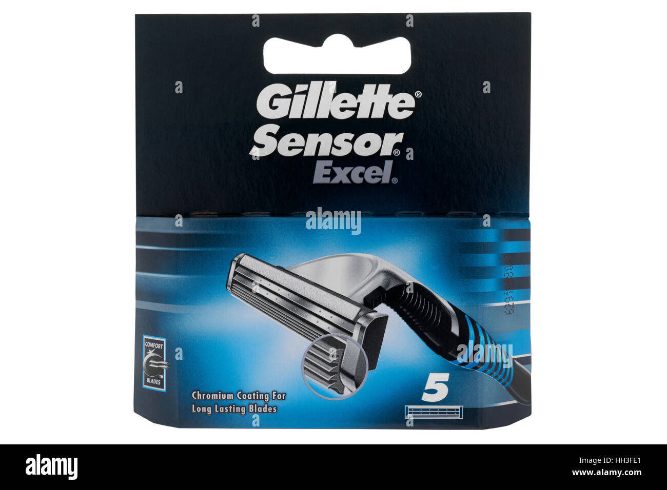 Paket von Gillette Sensor Excel Rasierklingen auf weißem Hintergrund ...