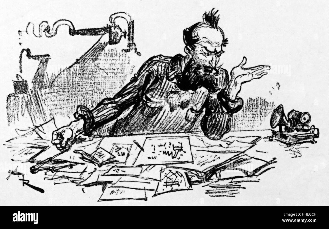 Cartoon, Philox Lorris in seinem Labor diktieren Notizen auf seinem ...