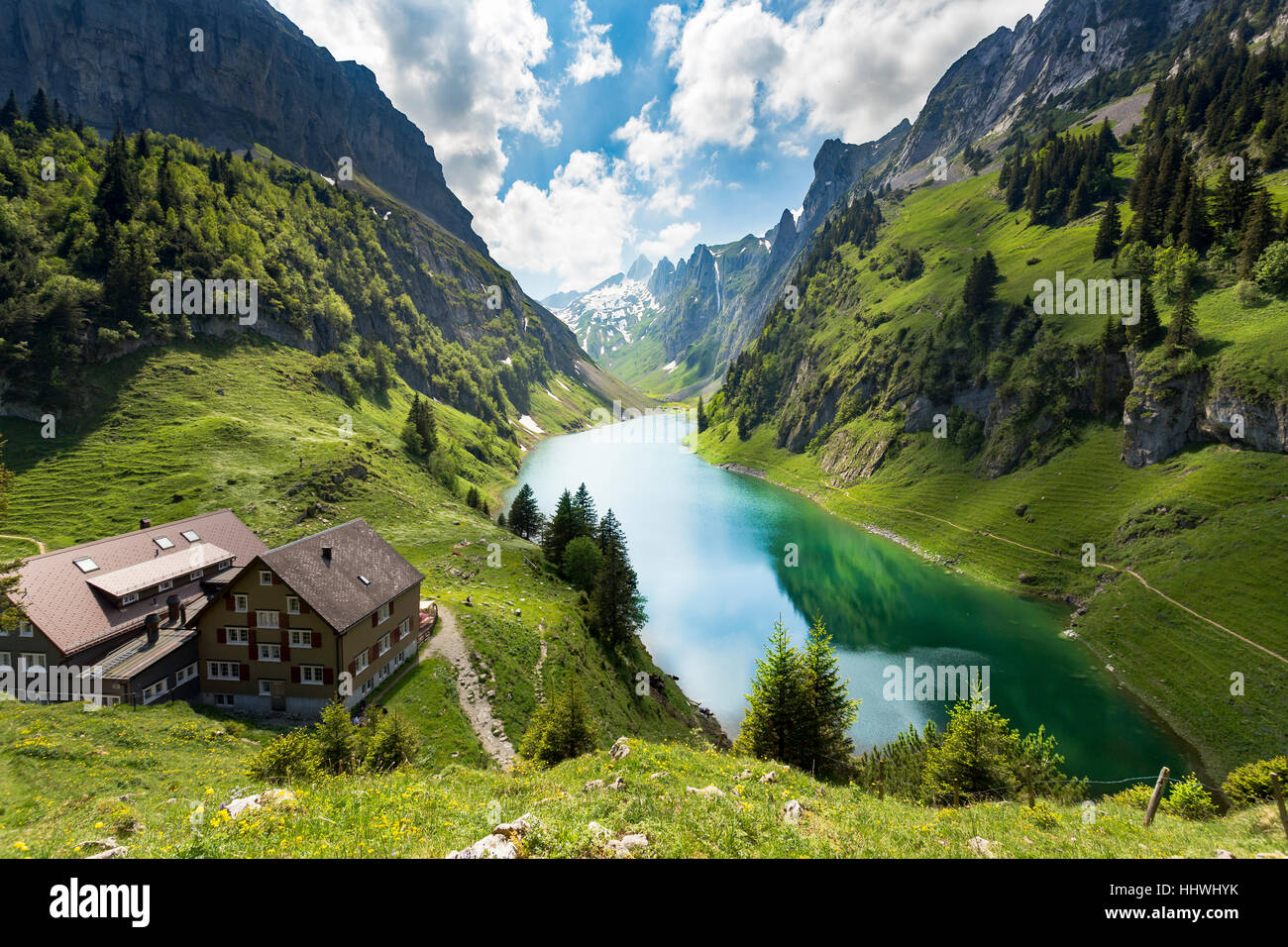 Blick auf Lake Fählensee aus Bollenwees Alp, Rüte, Kanton Appenzell ...