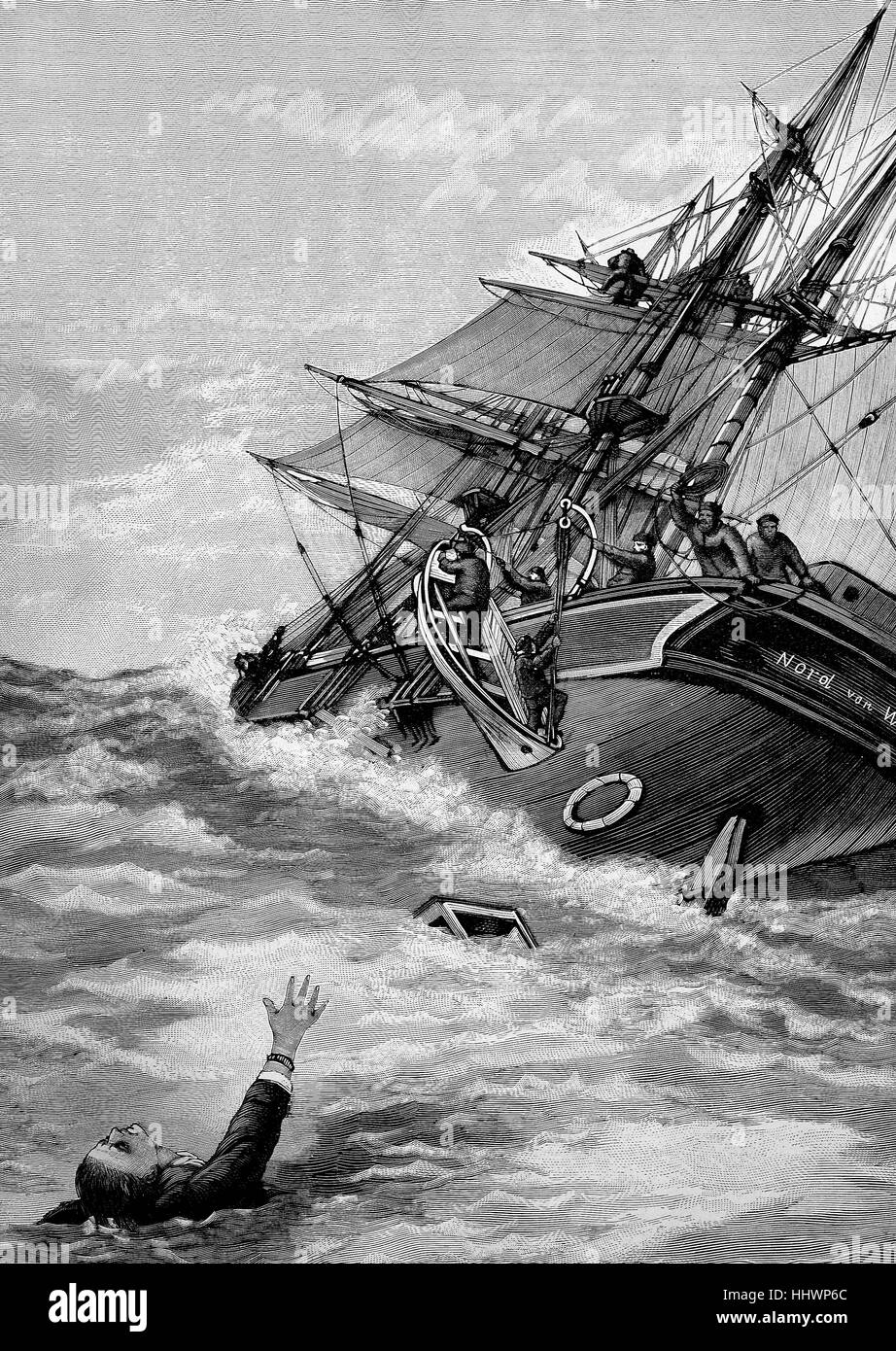 Mann über Bord, wird Schiff auf dem Meer während schwerer Sturm, das ...