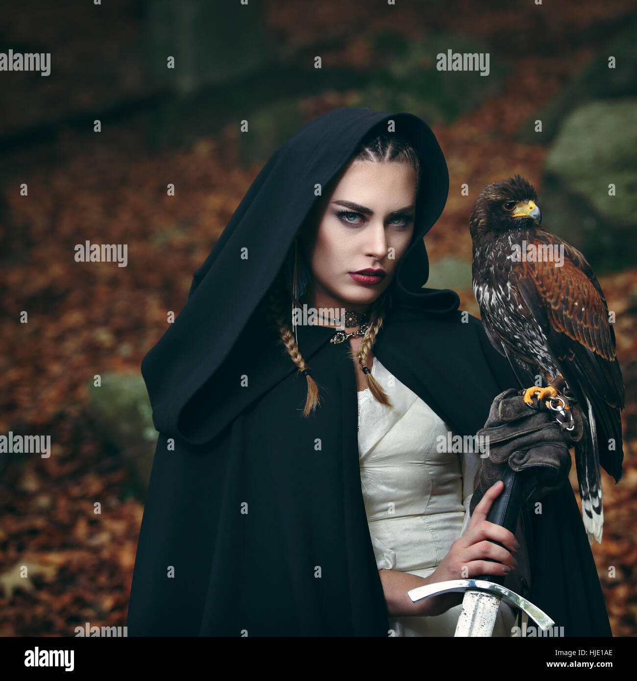 Kriegerin mit Schwert und Hawk. Filmische Farben Stockfotografie - Alamy