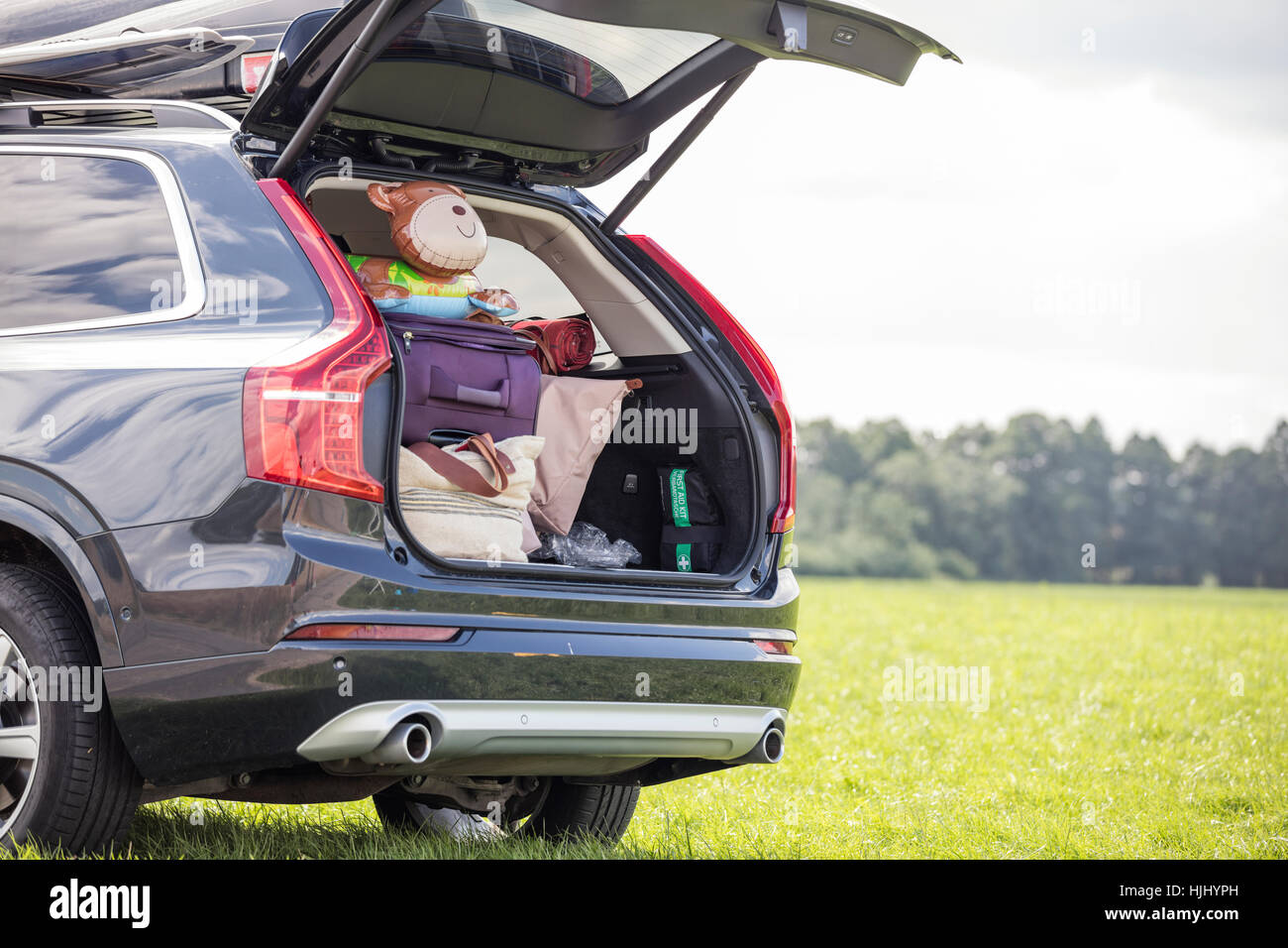 Auto auf Wiese mit offenen Boot voller Gepäck Stockfotografie - Alamy