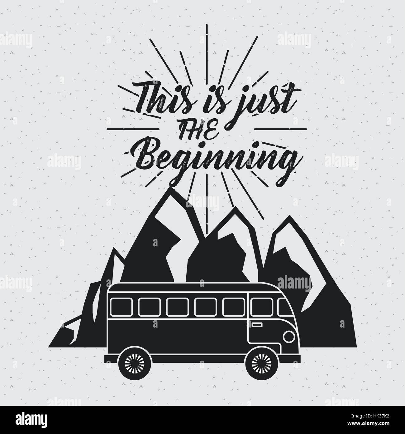 Fernweh-Design mit Bus und Berge-Symbol. Design in schwarz und weiß ...