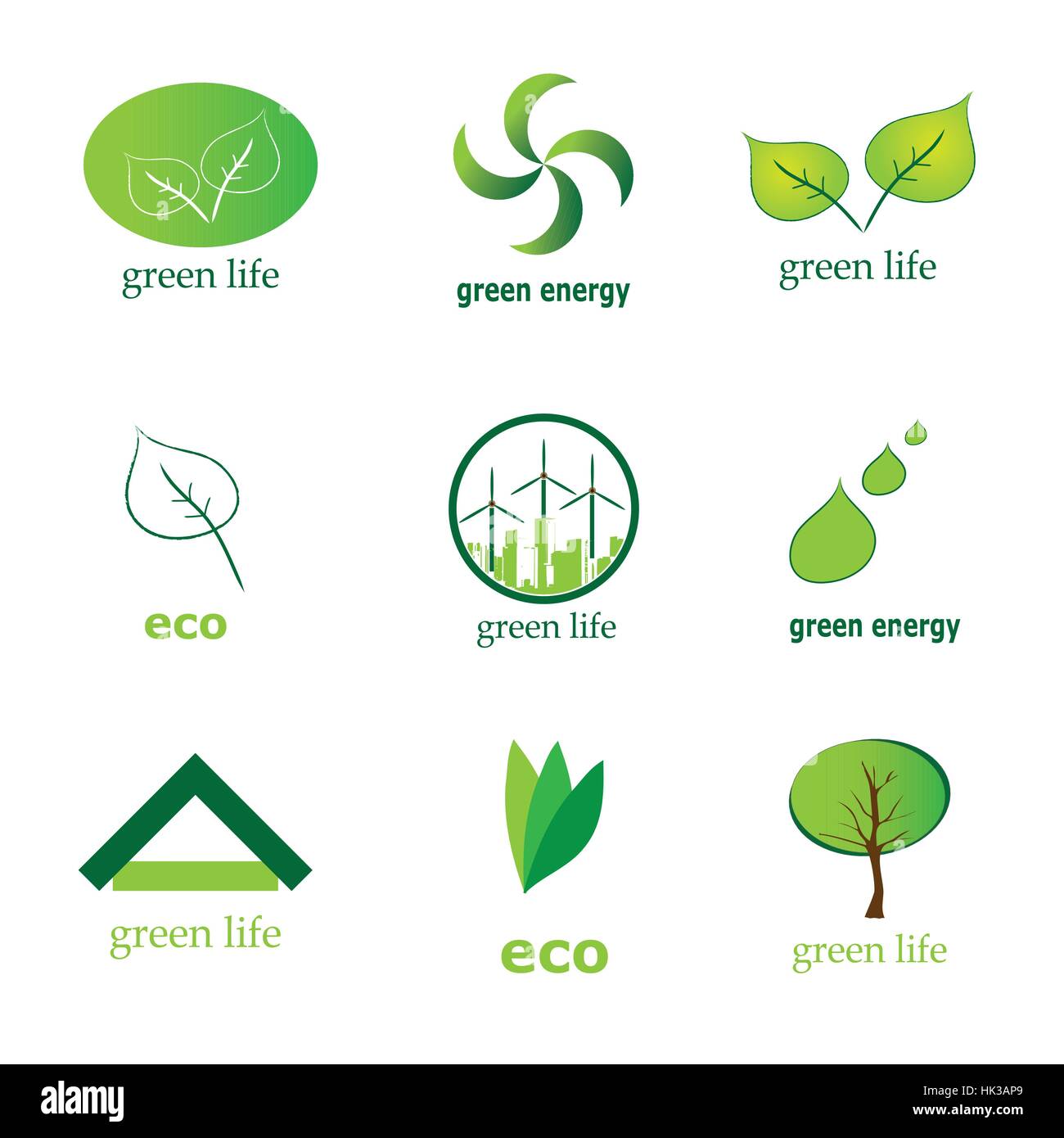 Neun grüne Öko-Logos und Icons - Vektor-Illustration Stock-Vektorgrafik ...