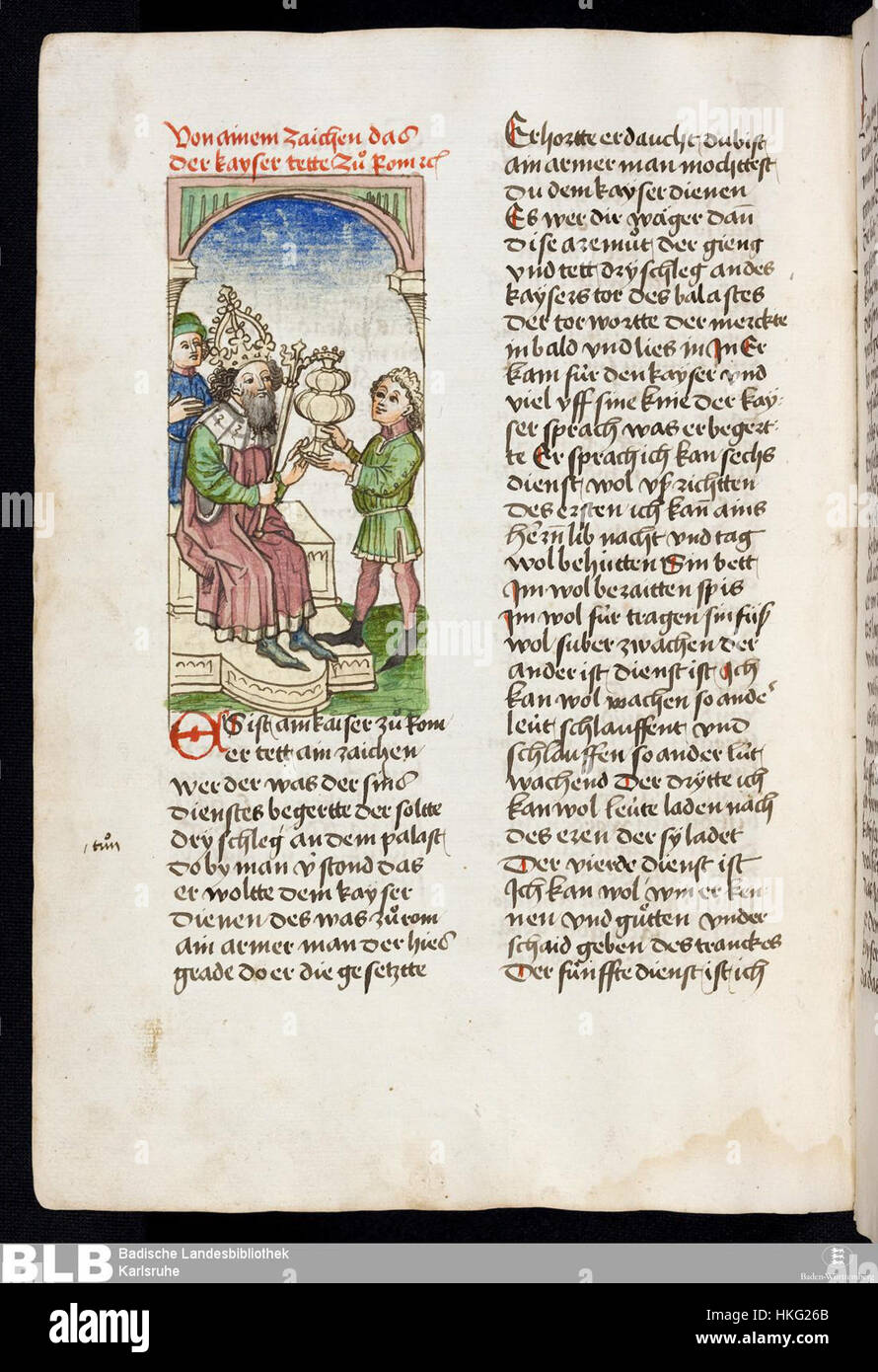 Eine mittelalterliche Manuskriptillustration aus „Gesta Romanorum“, die eine dramatische Szene ...