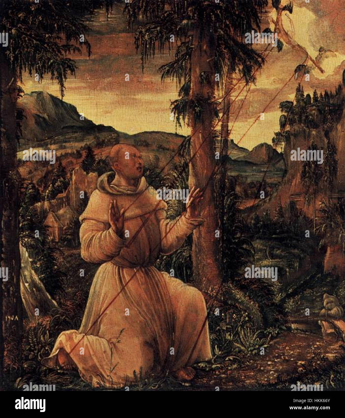 Dieses Gemälde von Albrecht Altdorfer zeigt die Stigmatisierung des hl. Franz von Assisi, ein ...