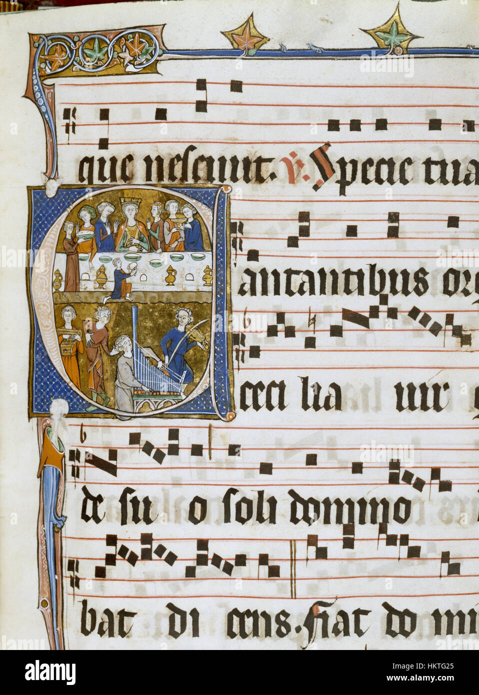 Dieses beleuchtete Manuskriptblatt aus einem Antiphonar, das für die Äbtissin von Sainte-Marie ...