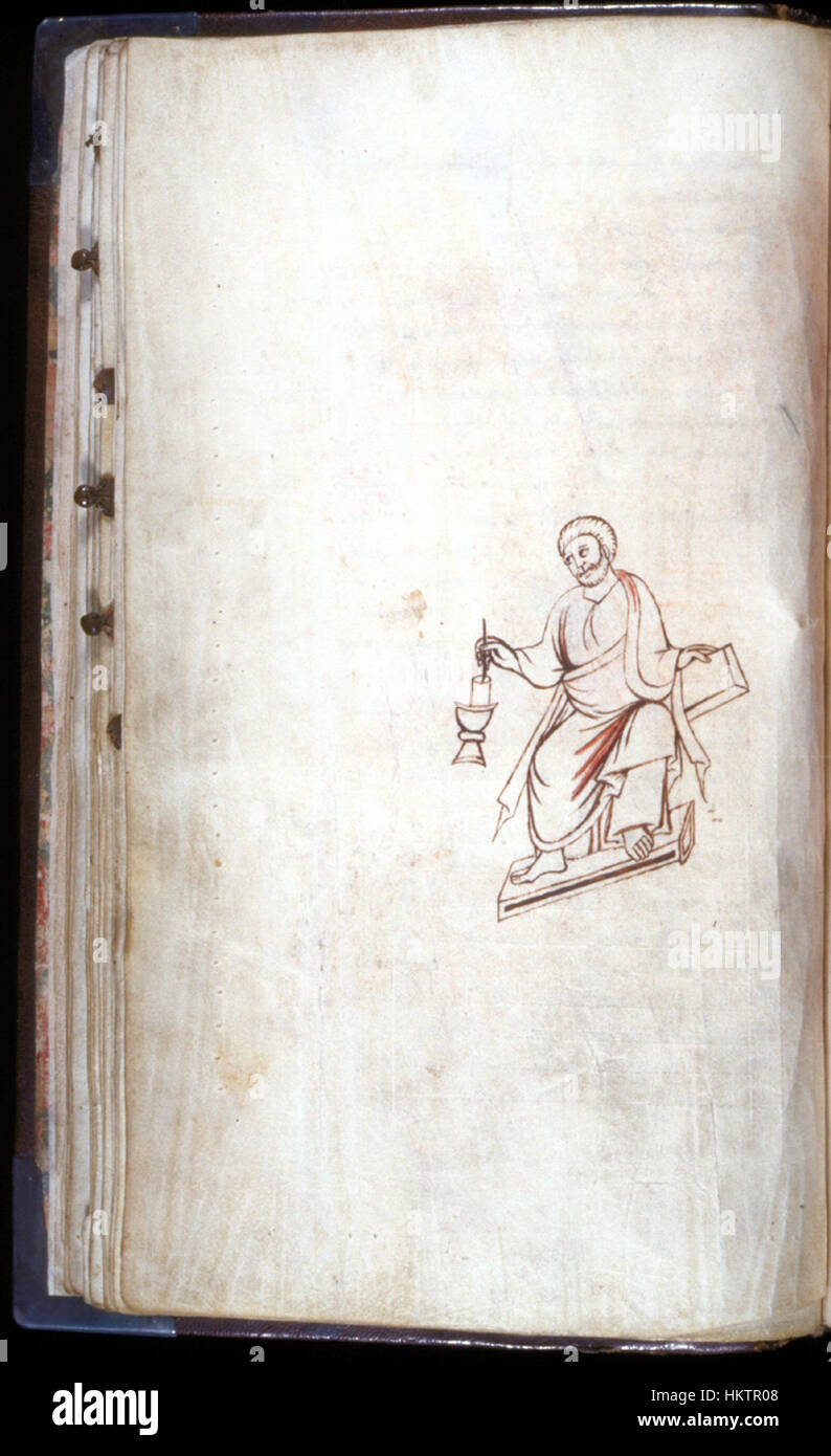 Dieses beleuchtete Manuskriptblatt aus den Evangelien zeigt komplizierte mittelalterliche ...