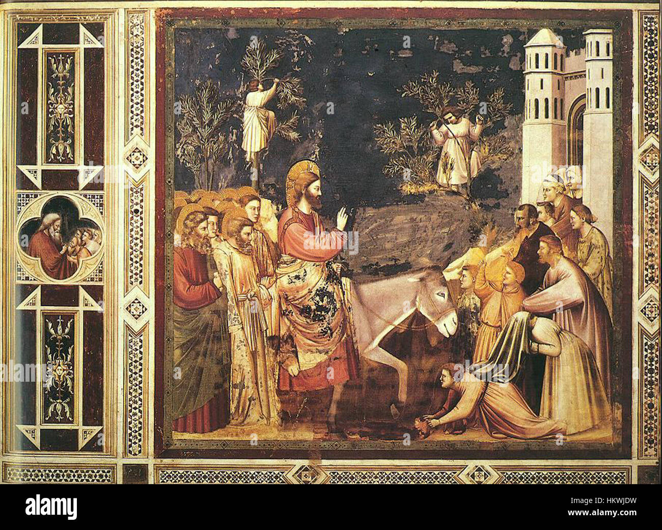 Dieses Fresko von Giotto aus der Scrovegni-Kapelle zeigt die biblische Szene des Eintritts in ...