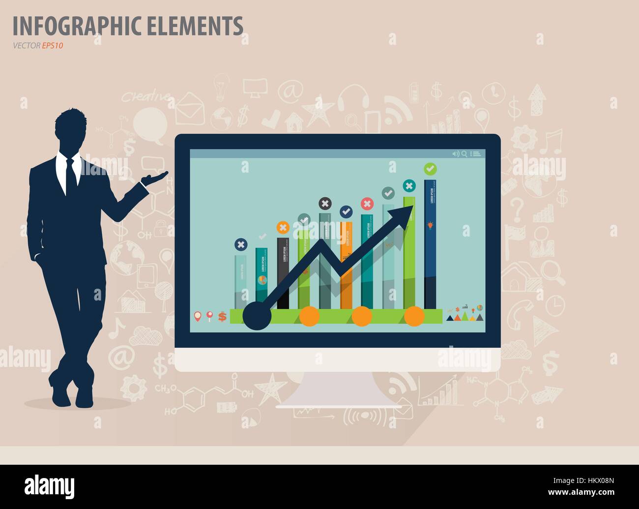 Infografik-Design-Vorlage - Geschäftsmann zeigt moderne Computer mit ...