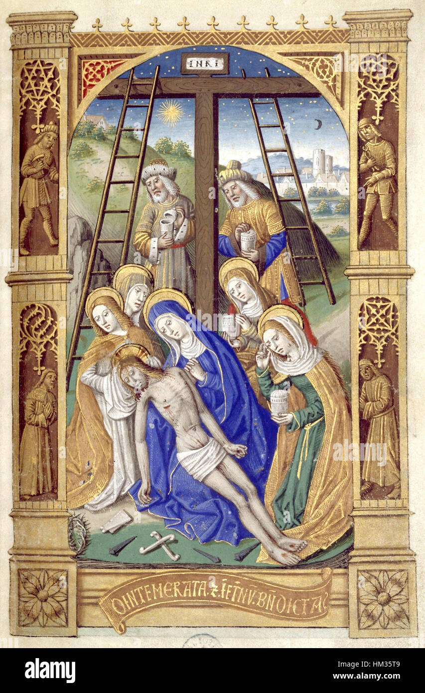 „Descente de croix“ aus dem „Heures de Charles VIII“ ist eine mittelalterliche Beleuchtung, die ...