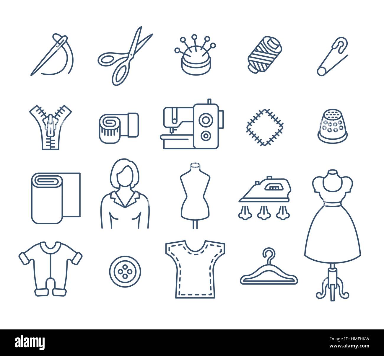 Nähen-Ikonen flache dünne Linie Vektor-Set. Gliederung und Zubehör für Schneiderei und ...