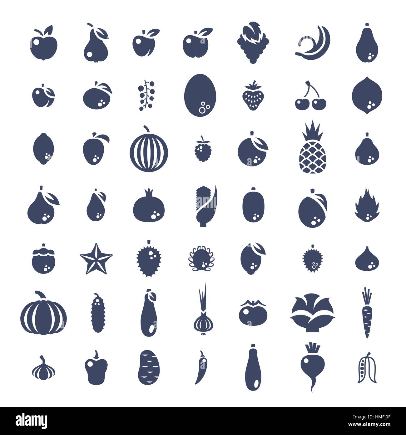 Frische Obst und Gemüse flachen Silhouetten Vektor-Icons Set. Bauernhof ...