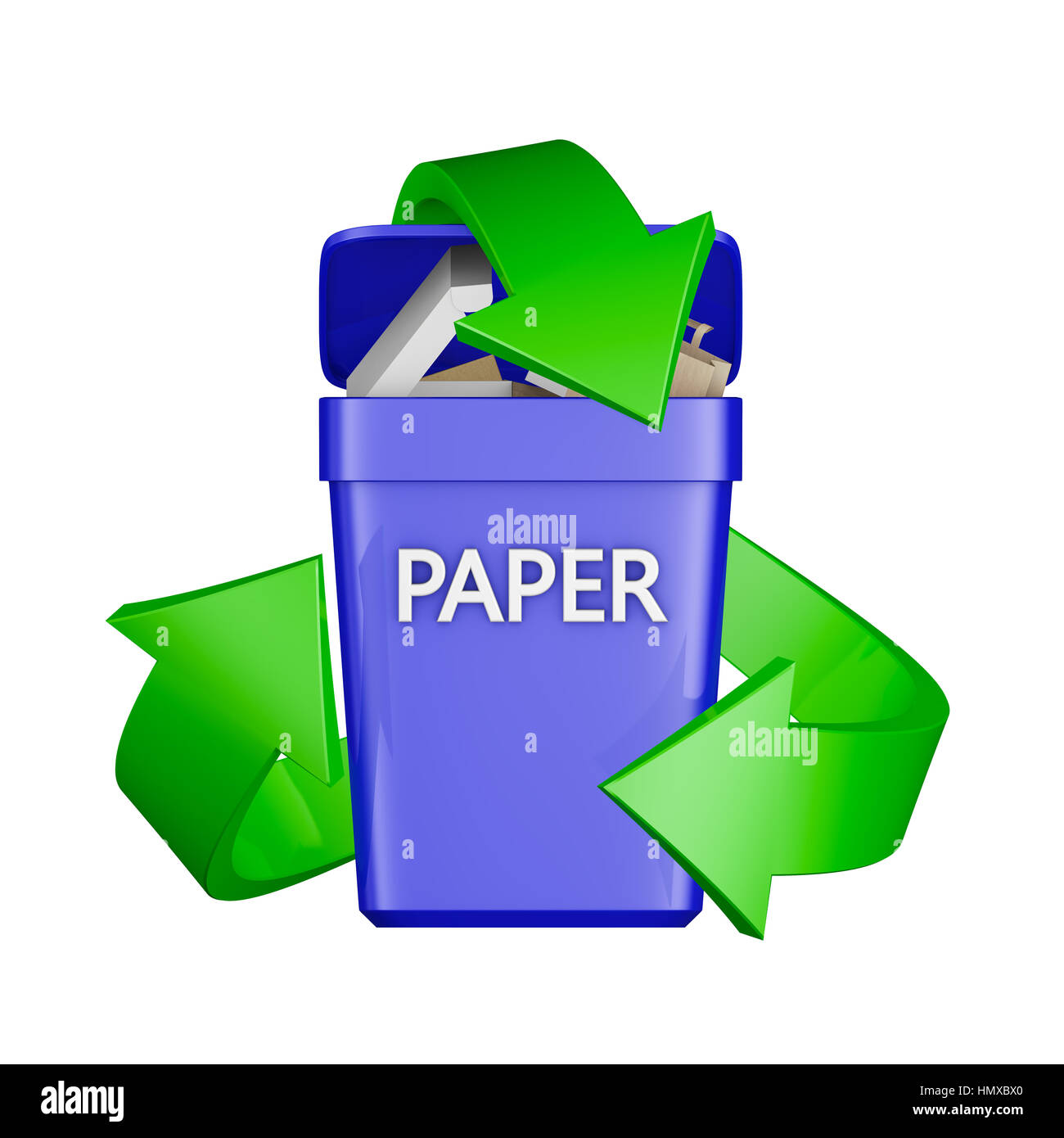 Recycling-Zeichen und ein Container mit Altpapier. 3D-Rendering ...