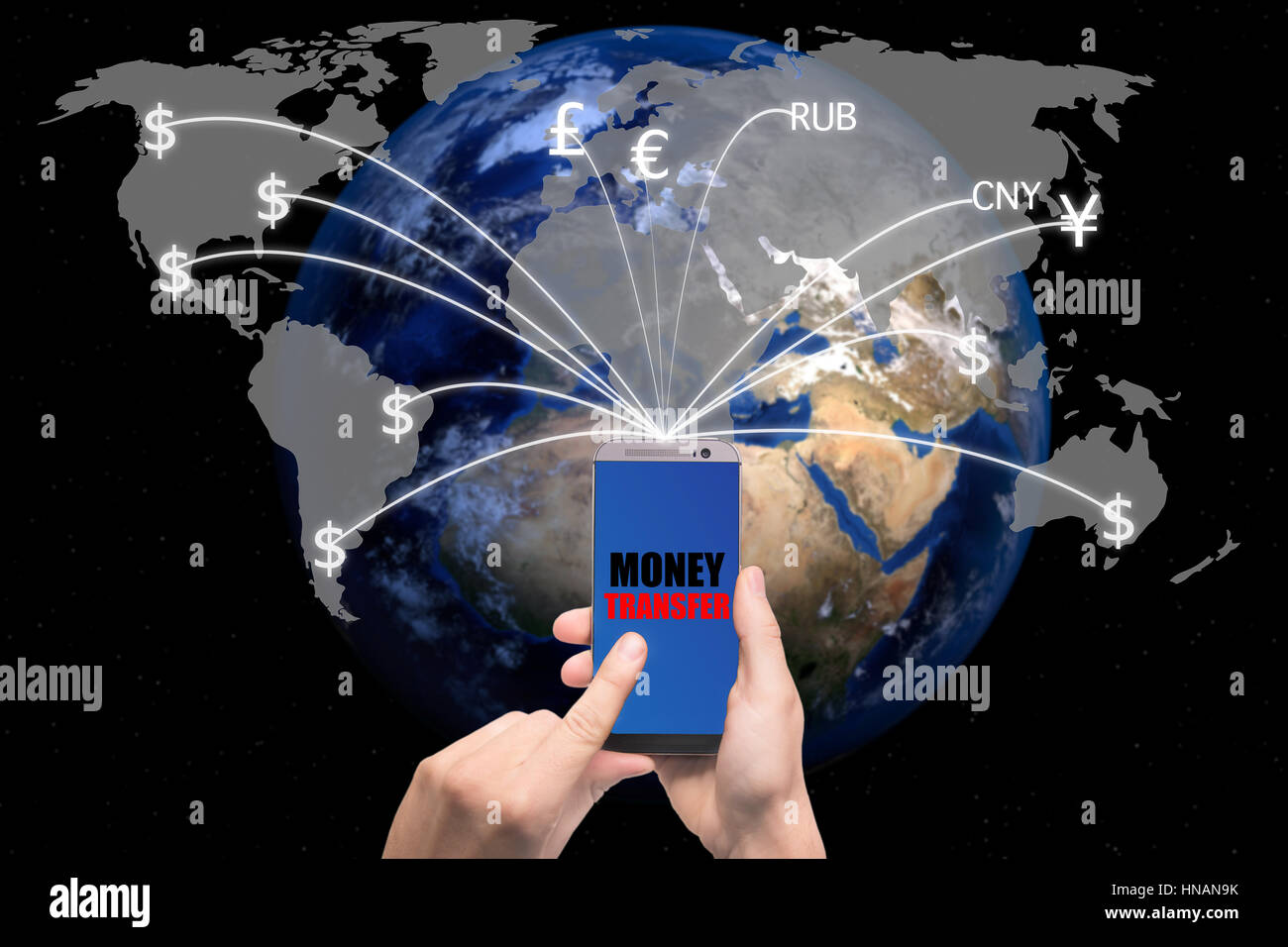 Hand mit Smartphone geschickt Geld fliegen weg von Bildschirm zur ...