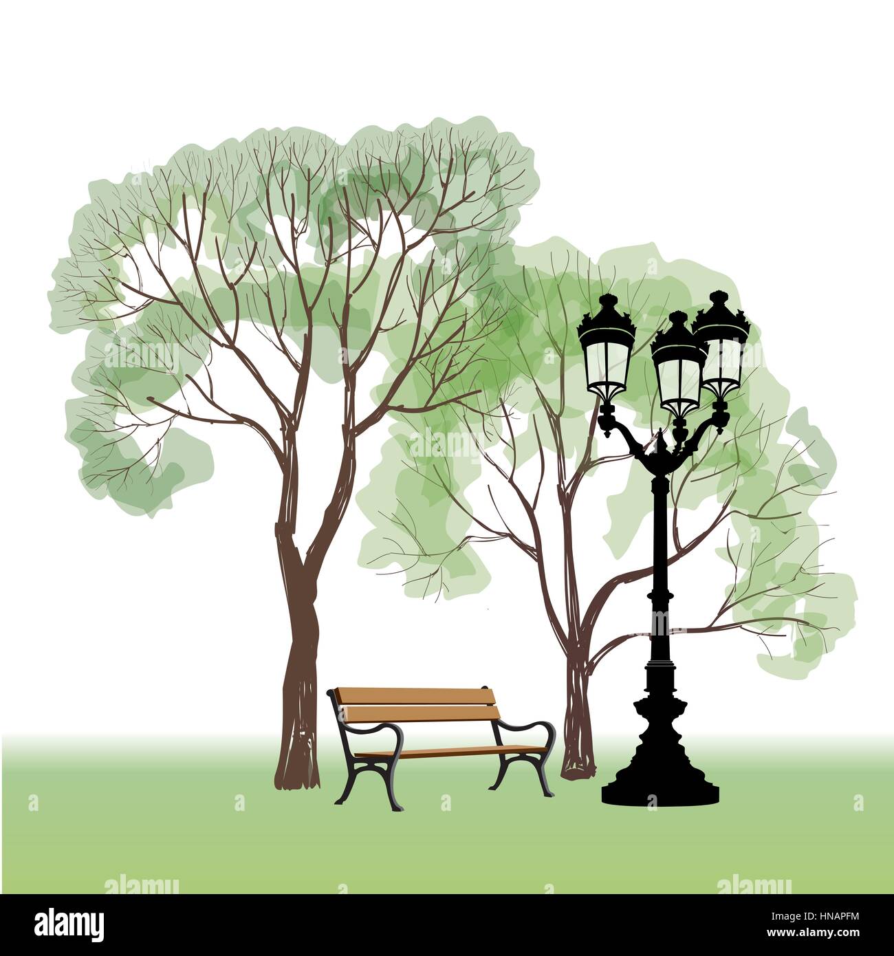 Bank im Park mit Baum und Laterne. City Park Landschaft. Vektor hand ...