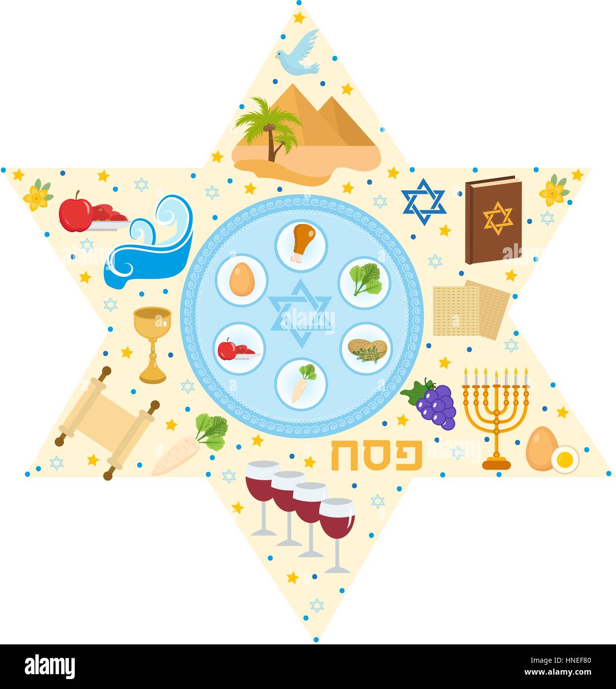 Pessach-Grußkarte mit Symbolen in der Form-Sternen. Pessach-Vorlage für ...