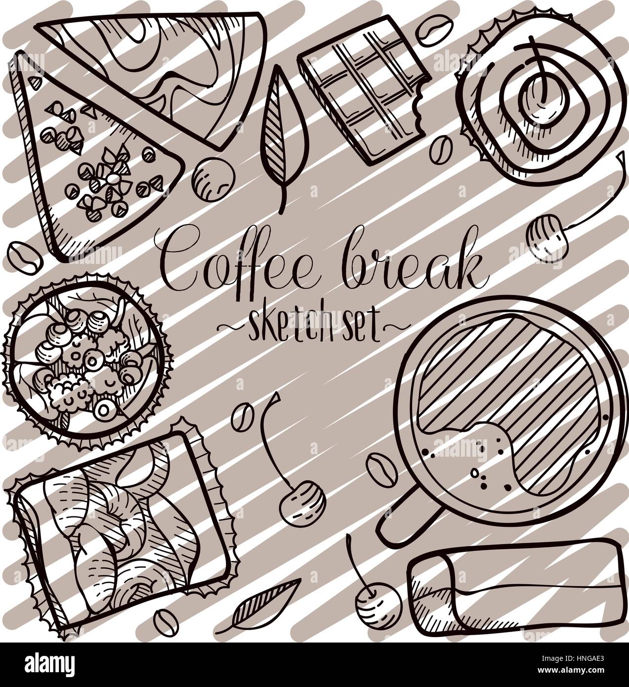 Kaffeepause-Vektor-Skizze-Set. Design-Elemente wie von Hand gezeichnet ...