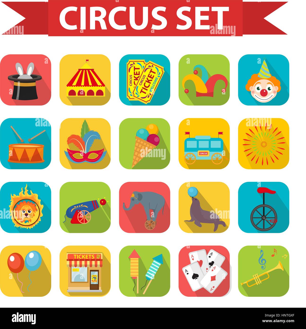 Zirkus Symbolsatz, flach, Cartoon-Stil. Satz isoliert auf weißem ...