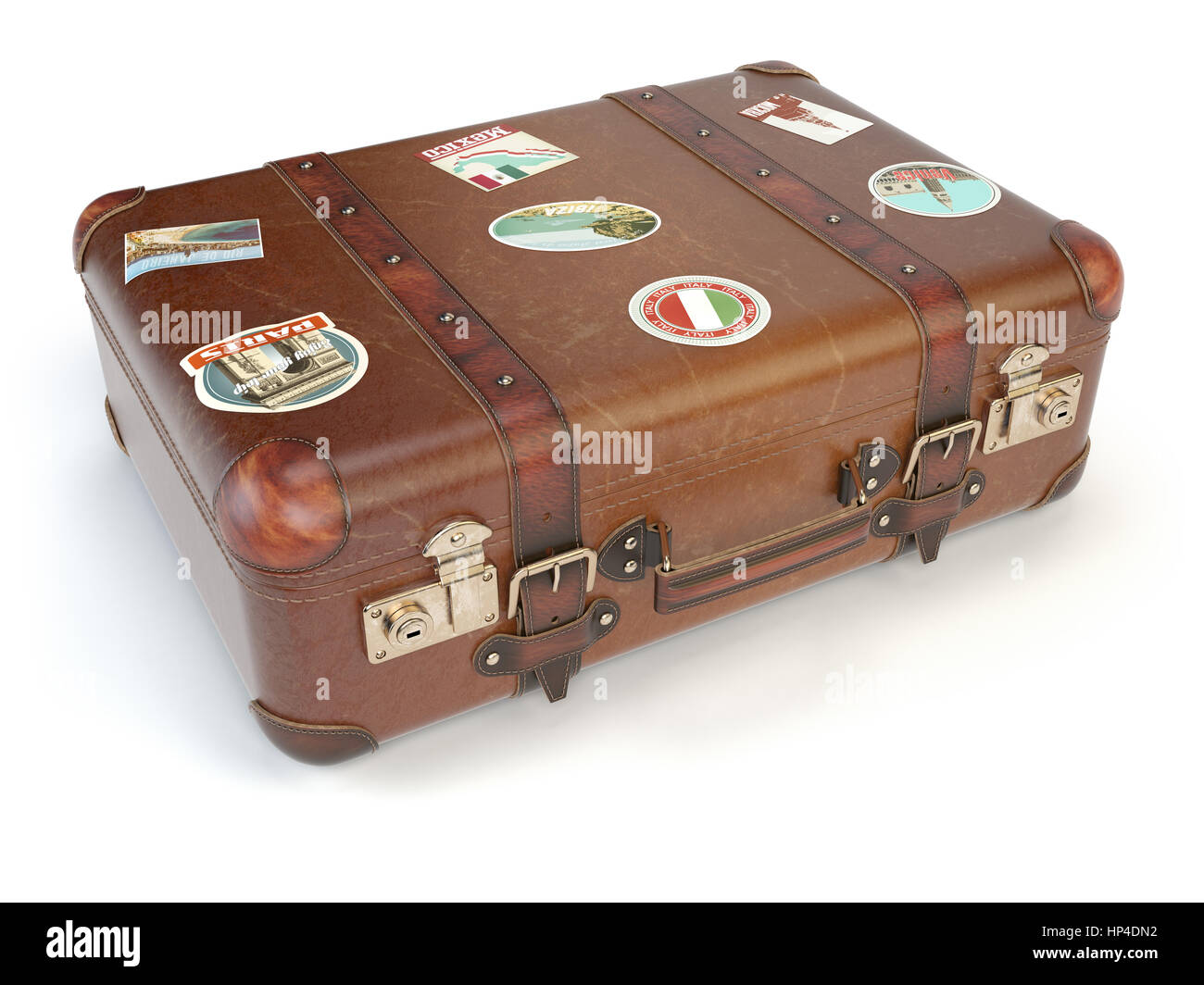 Retro-Koffer Beggage mit Reisen Aufkleber isoliert auf weißem ...