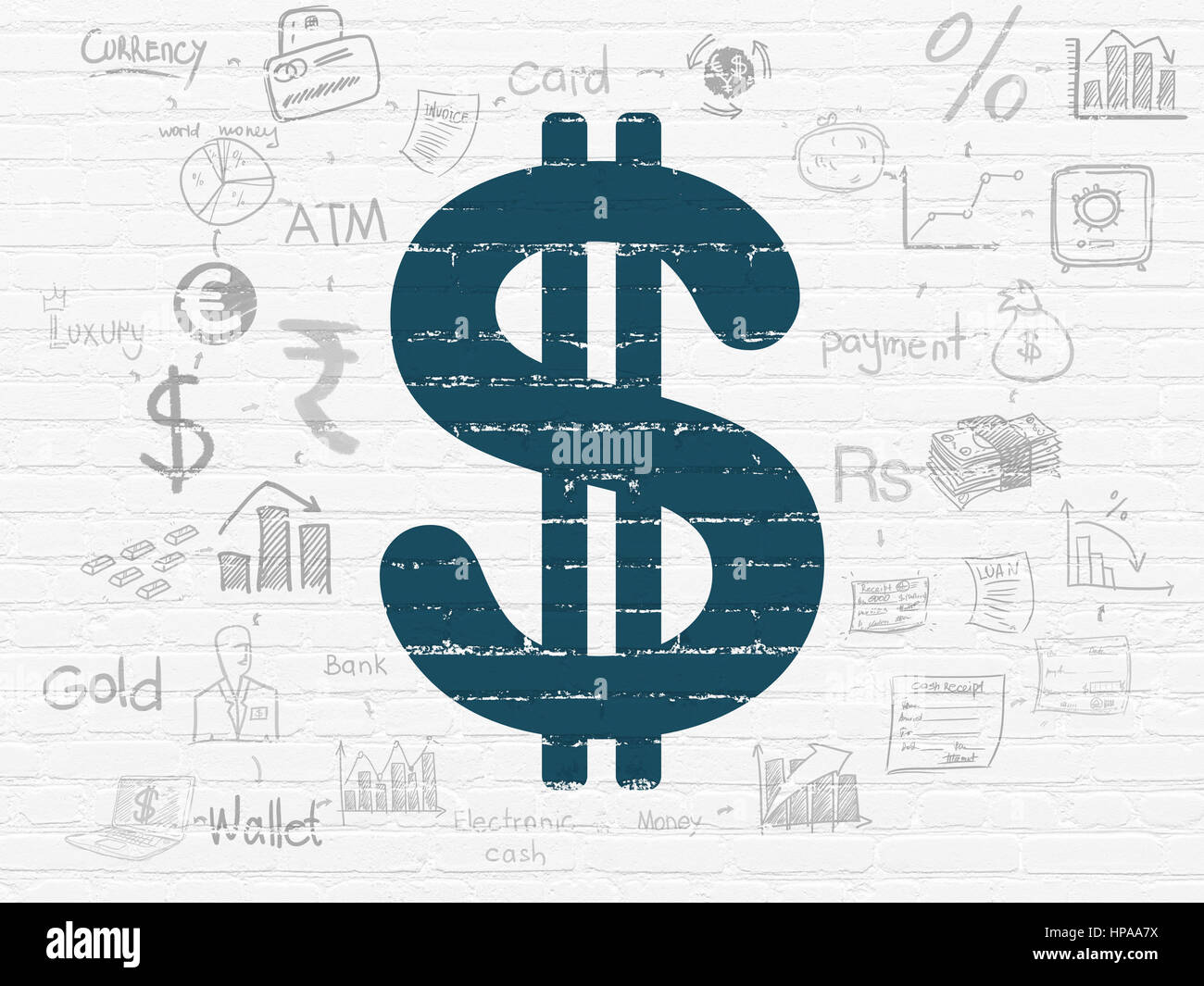 Geld-Konzept: blaues Dollar-Symbol auf weiße Ziegel Wand Hintergrund ...