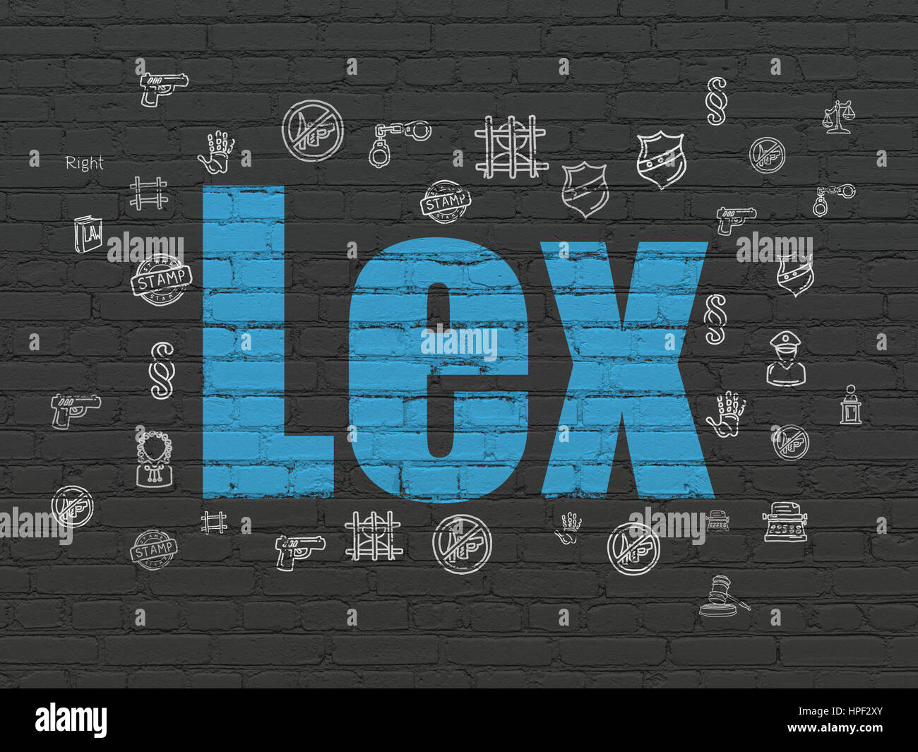 Begriff: blauen Text Lex auf schwarz Brick Wand Hintergrund mit Hand ...