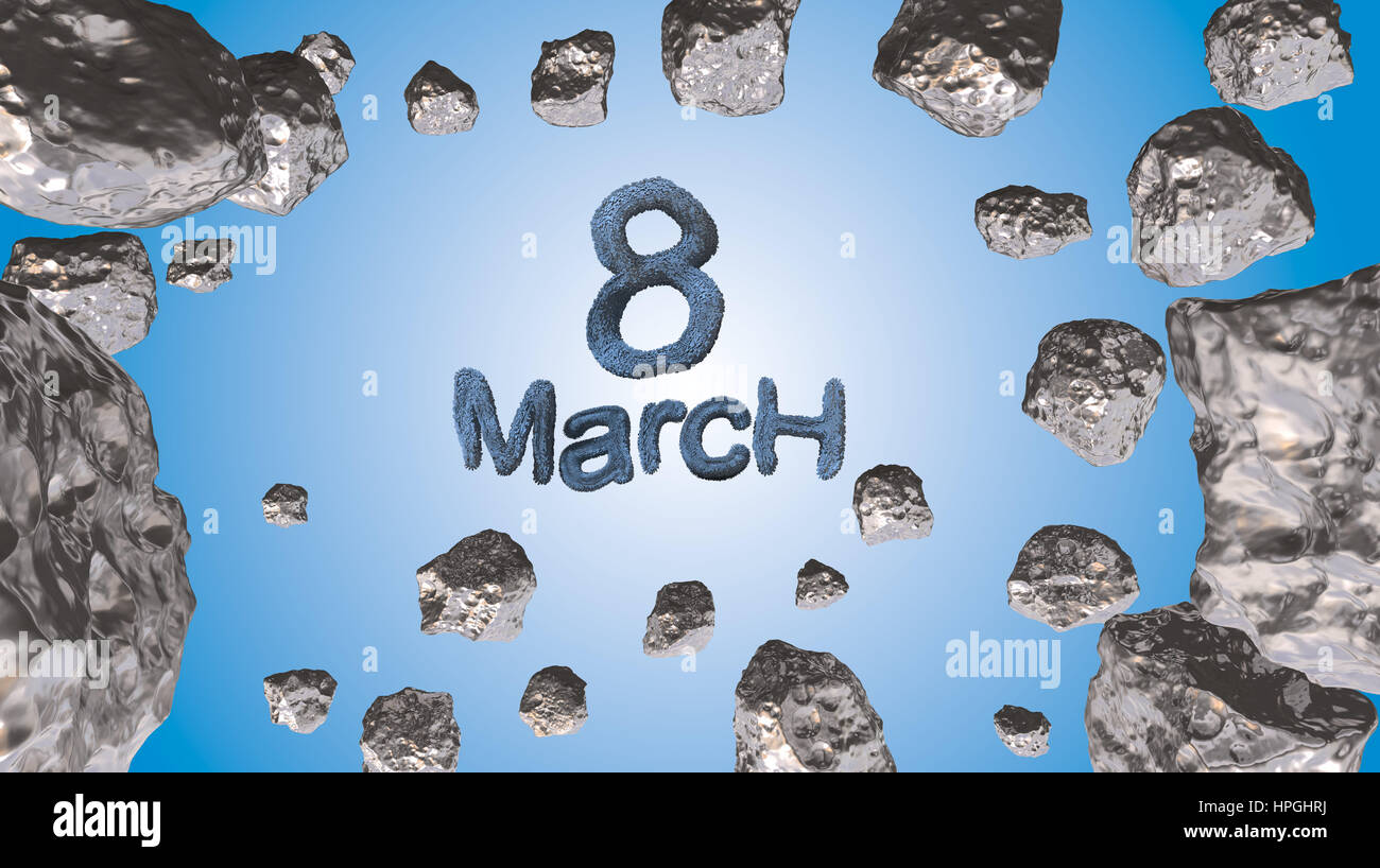 8. März-Symbol. Acht blauen Häuserblocks oder Pelz in den Raum mit Asteroiden fliegen gemacht ...