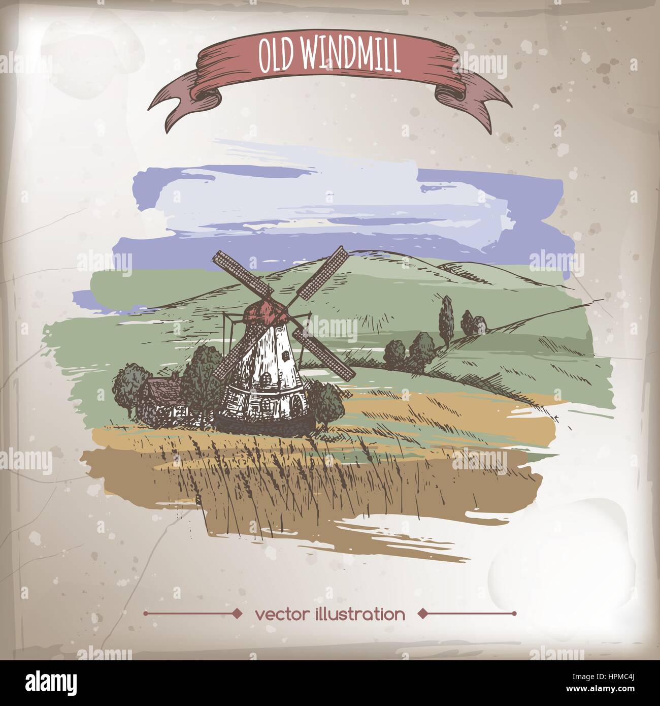 Windmühle, Scheune, Feld Landschaft Hand gezeichnete Vektor Farbskizze ...