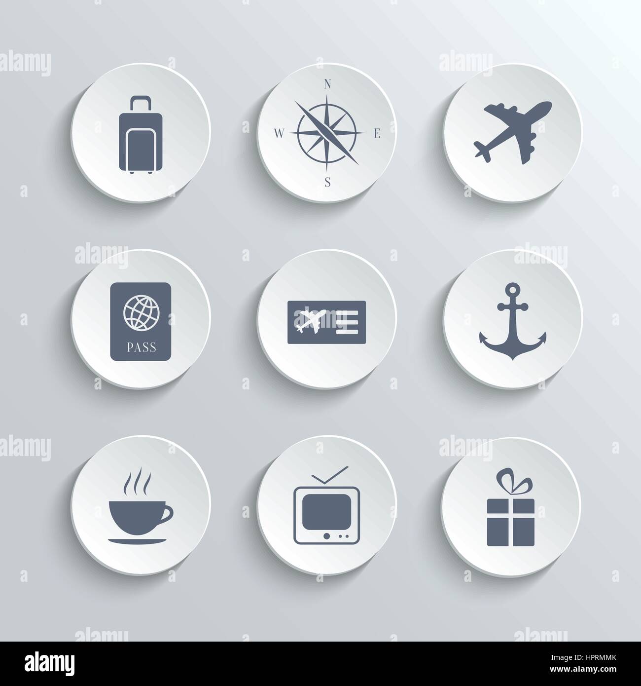 Reise-Icons Set - Vektor-weiße Runde Knöpfe mit Flugzeug Kompass Koffer ...