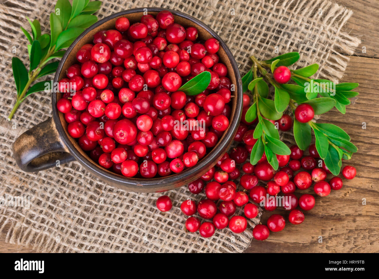 Preiselbeeren auf Sackleinen Hintergrund. Ansicht von oben ...