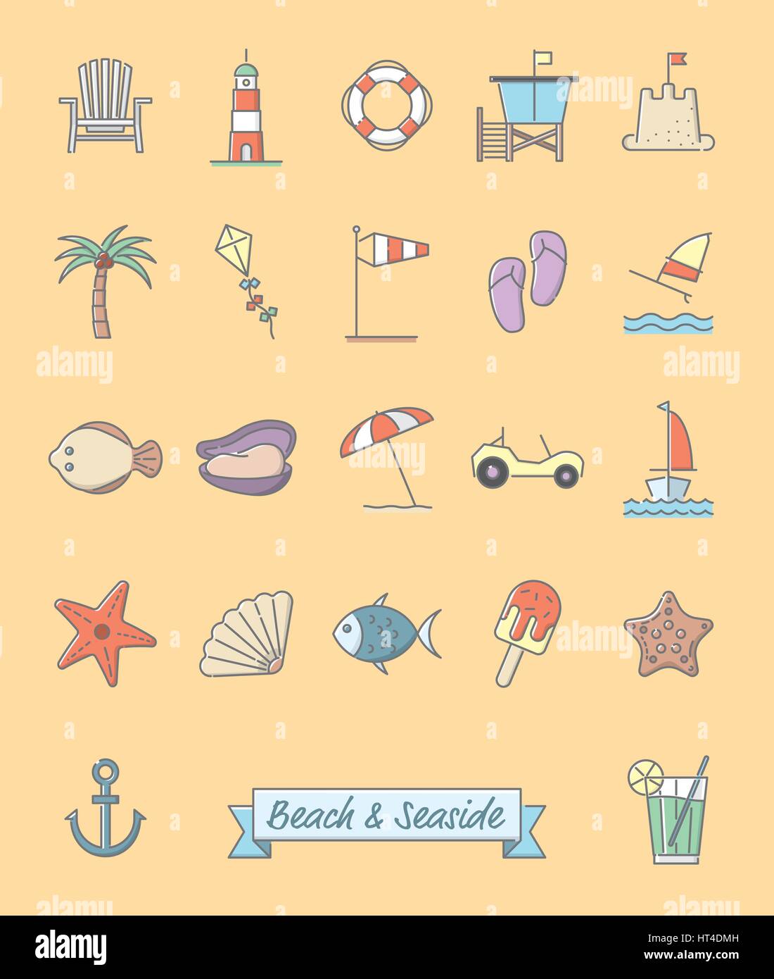 Sammlung von 22 Strand und Meer im Zusammenhang mit Symbolen, grauen ...