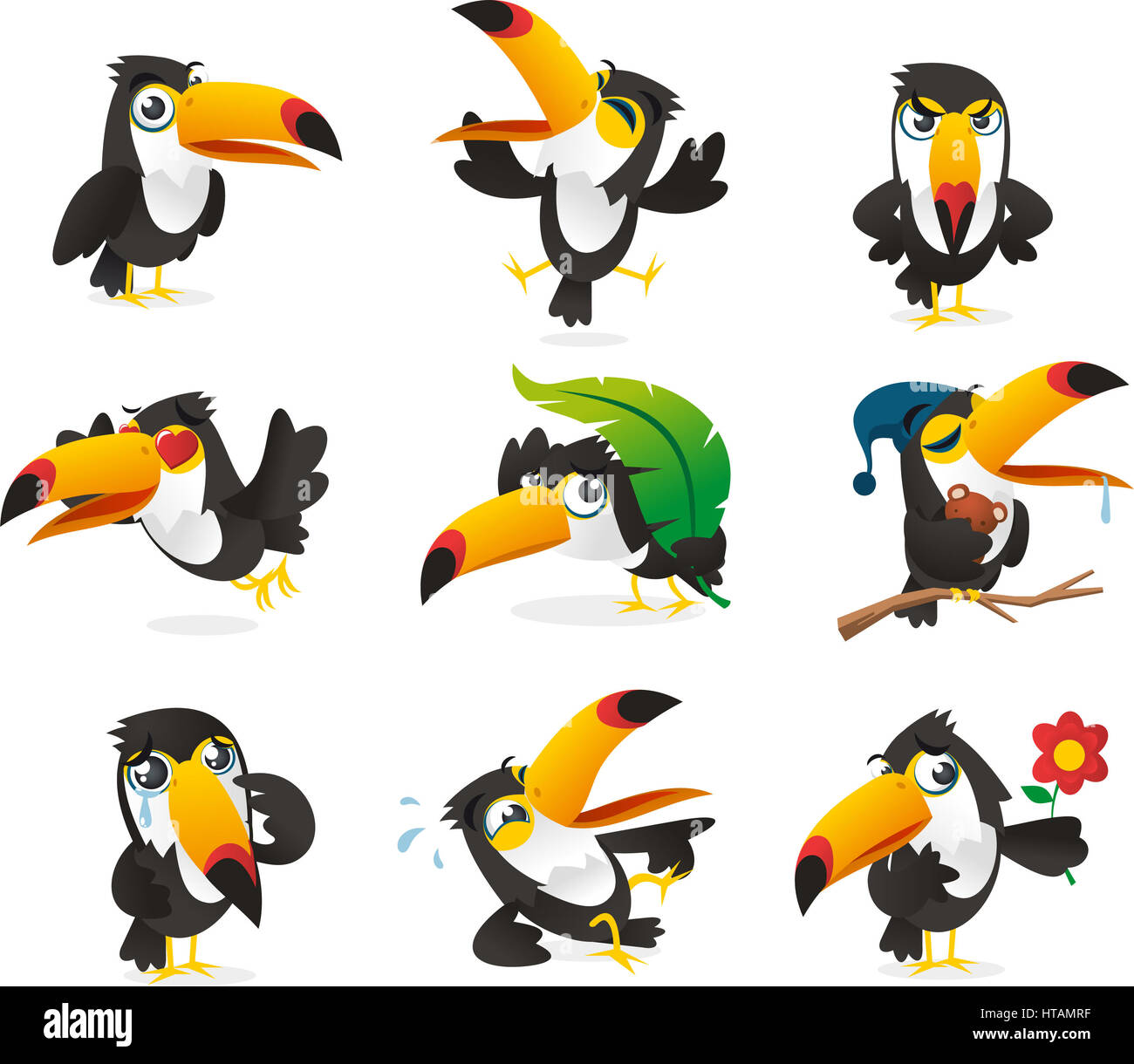 Neun Toucan Cartoon-Sammlung, mit neun Tucan in verschiedenen ...