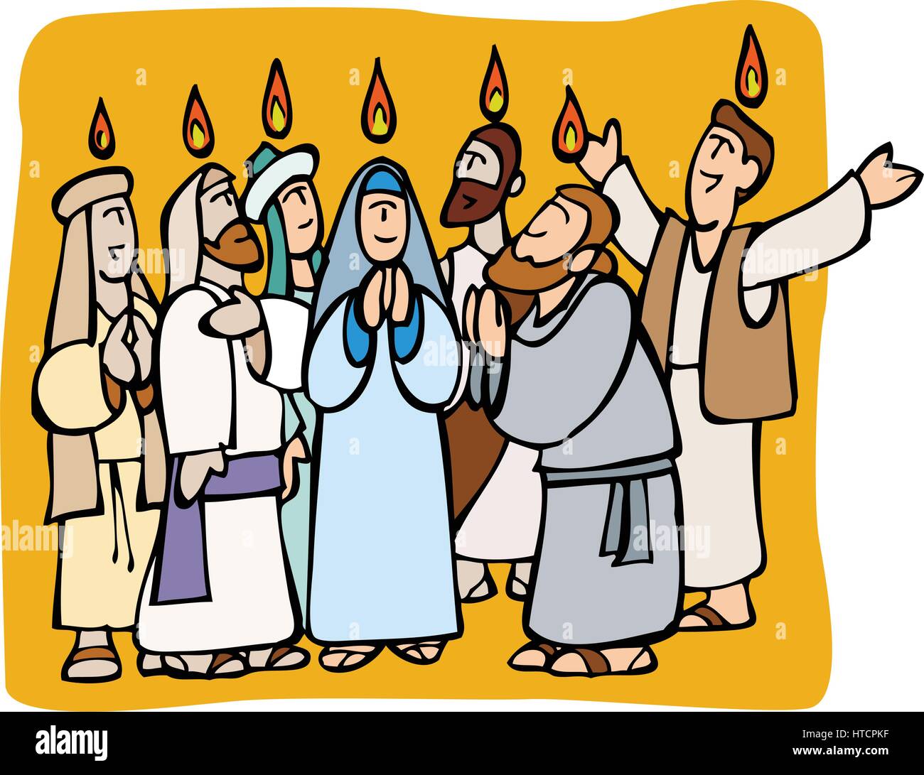 Pfingsten. Apostel und Maria beten in Zungen und Feuer über ihnen beim ...