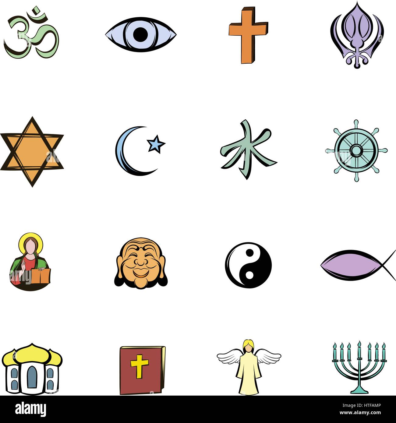 Religion-Comic-Ikonen stellen im Cartoon-Stil, die isoliert auf weißem ...