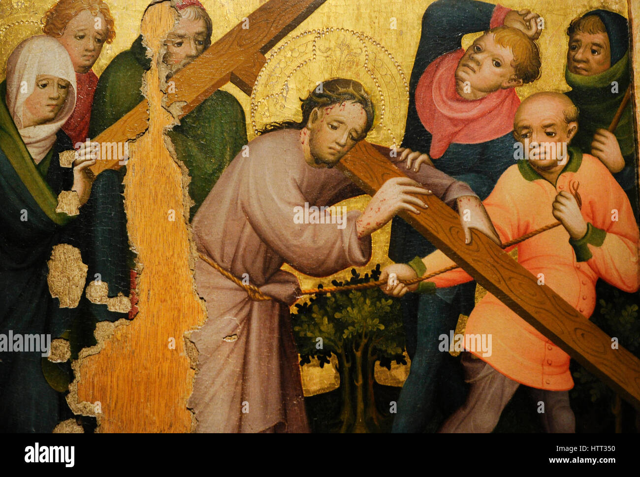 Mittelalterliches Altarbild. Detail. Jesus das Kreuz zu tragen ...