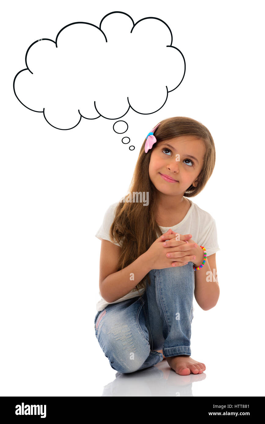 Ein nettes Mädchen, die denken, mit einer Sprechblase Stockfotografie ... Ein nettes Mädchen, die denken, mit einer Sprechblase Stockfotografie ...
