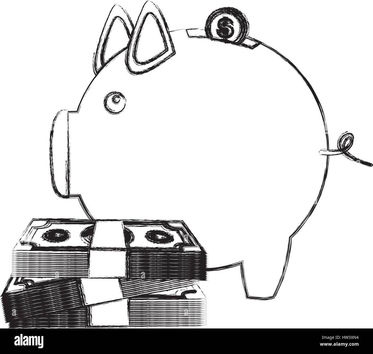 monochrome Skizze der Spardose in Form von Schweinchen mit Geldscheinen ...