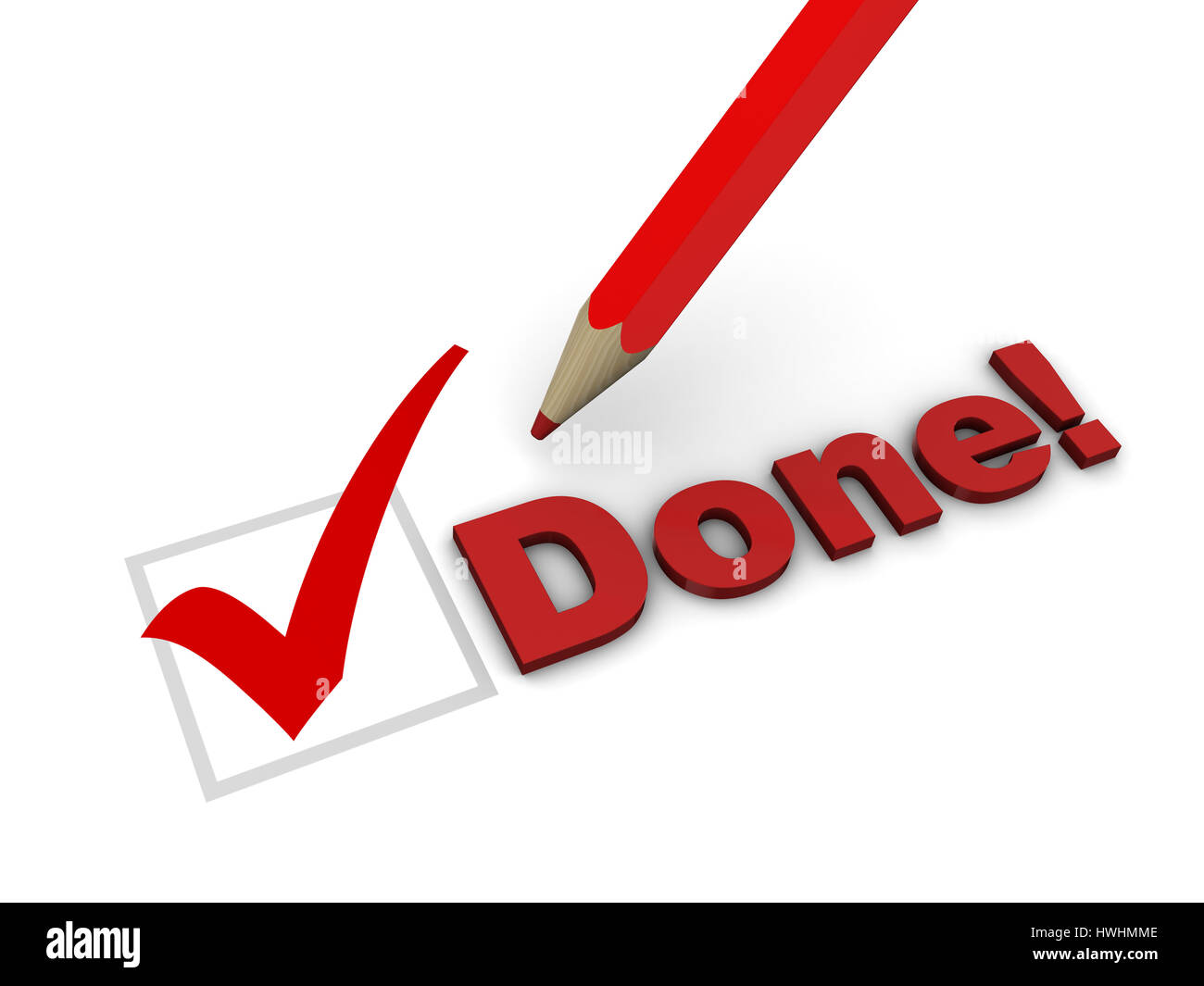 3D Abbildung des Checkbox mit Schild 'fertig' mit Bleistift auf weißem ...