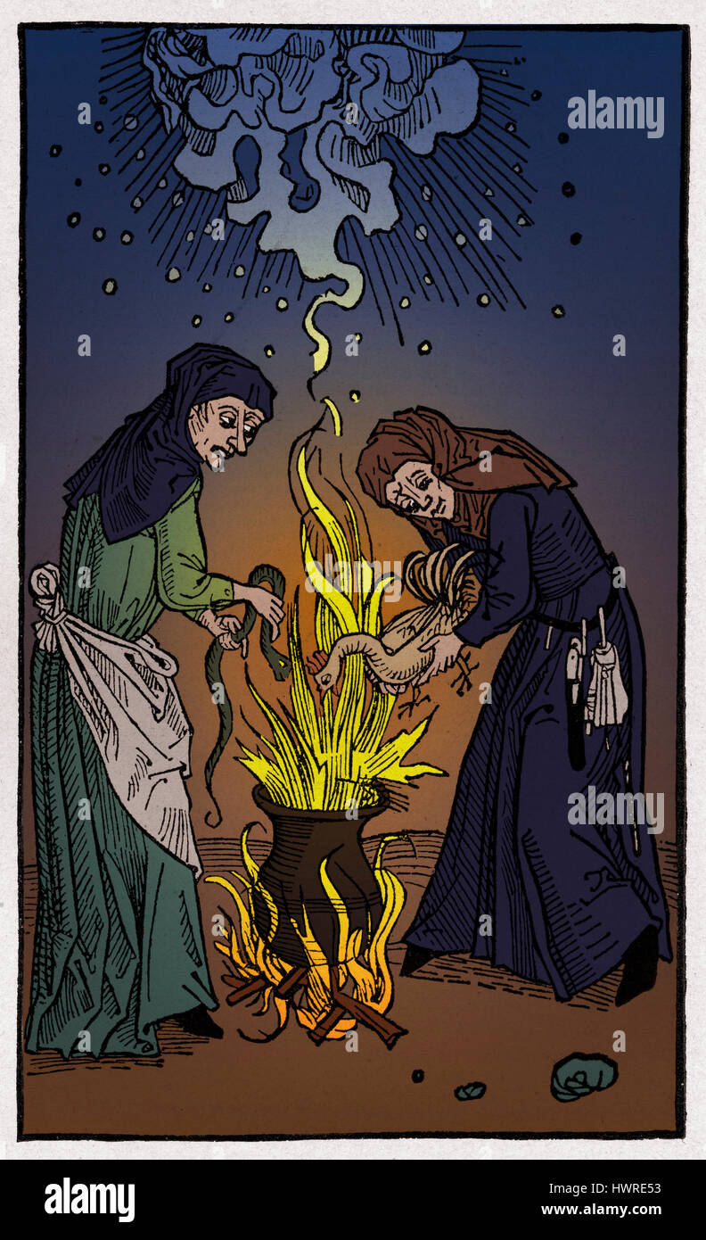 Hexen Brauen einen Zauber in einen Kessel, Holzschnitt c. 1508 aus "De ...