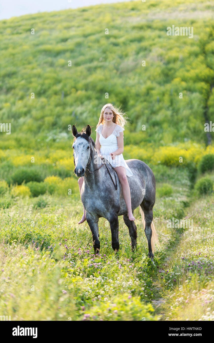 Barfuß Mädchen auf einem grauen Pferd Stockfotografie - Alamy