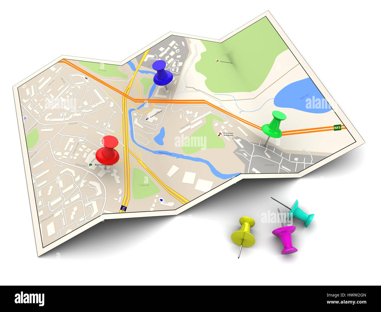 3D Darstellung der Stadtplan mit bunten Stiften Stockfotografie - Alamy