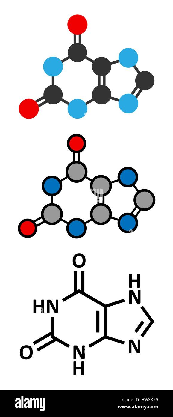 Xanthin Purin-base-Molekül. Stilisierte 2D Renderings und ...