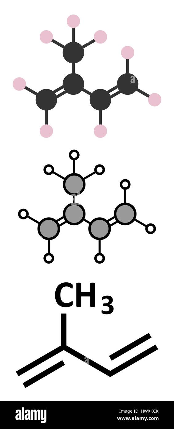 Isopren, Kautschuk (Polyisopren) Baustein (Monomer). Stilisierte 2D ...