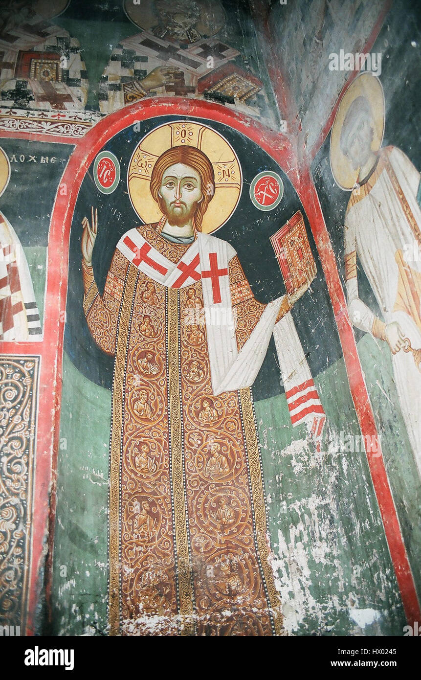 Die Fresken der Erzengelkirche Michael in Lesnovo sind religiöse Kunstwerke, die Szenen aus ...