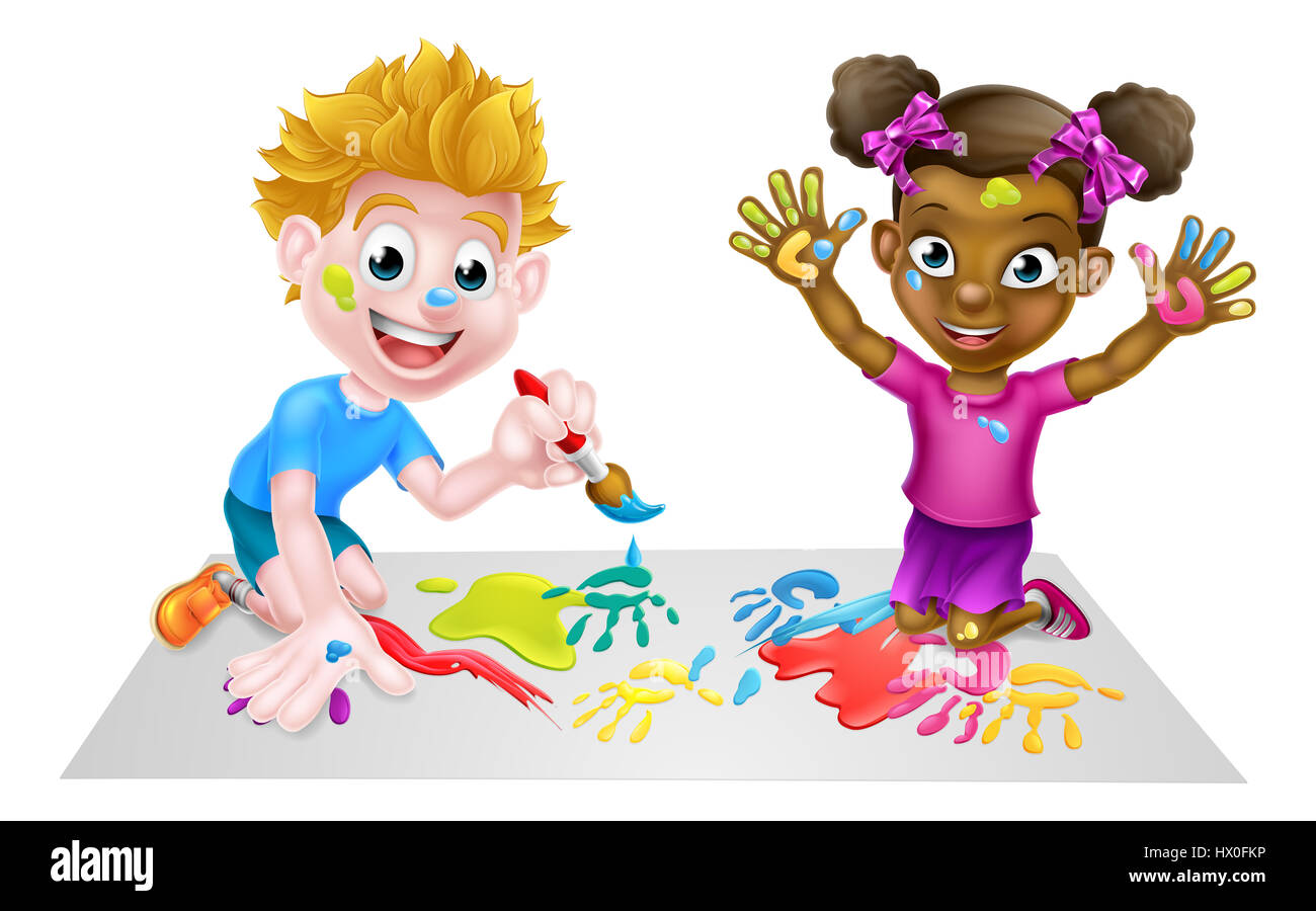 Cartoon-Jungen und Mädchen spielen und kreativen Spaß mit Farben ...