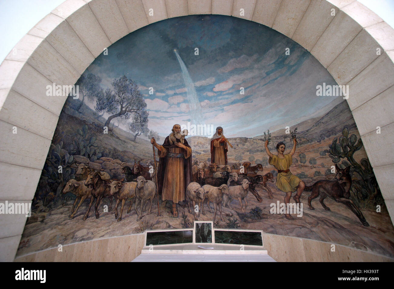 Engel des Herrn besucht die Hirten und informierte sie über Jesu Geburt, Bethlehem, Kirche an ...