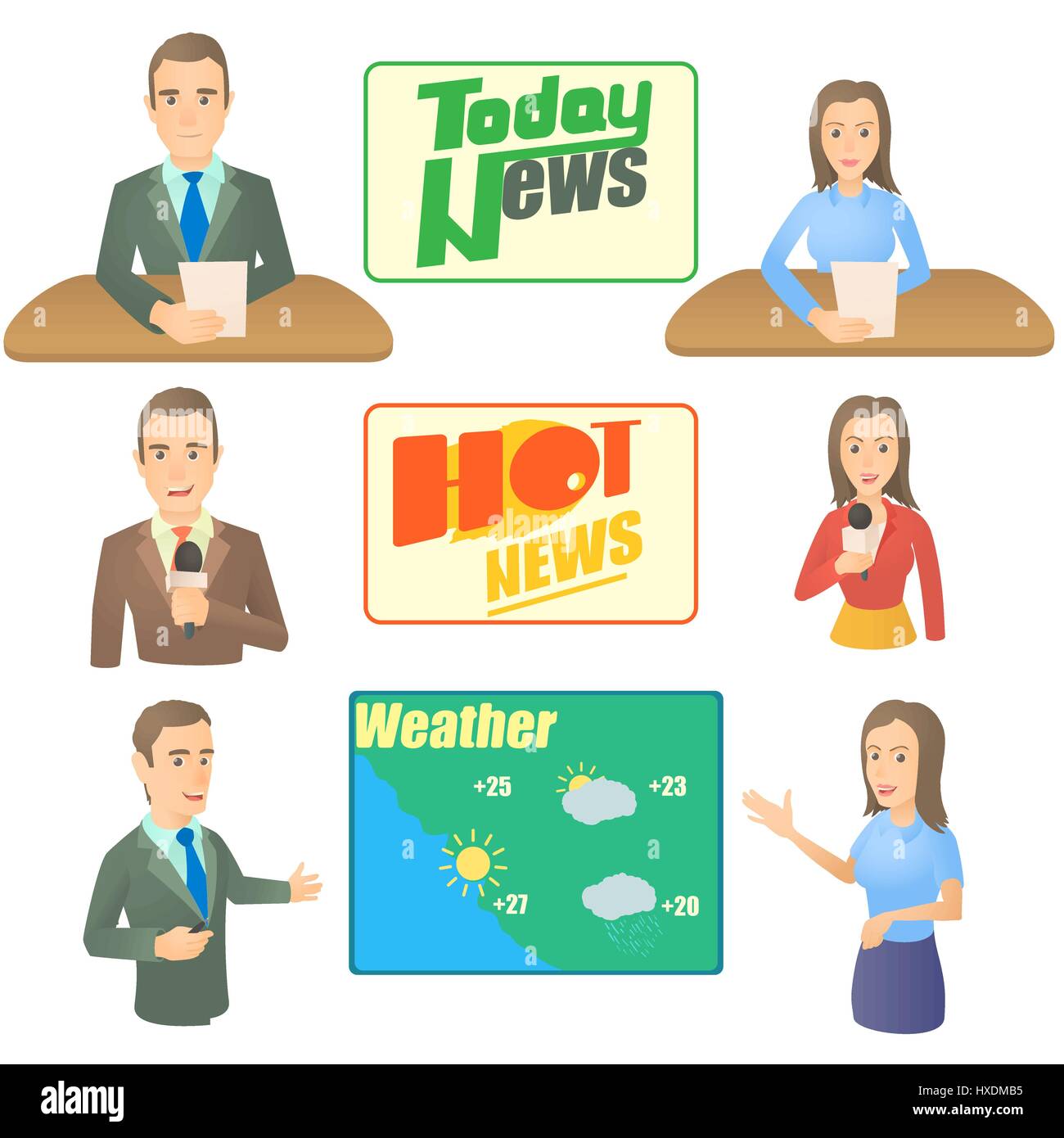 Nachrichten-Moderatorin Konzept gesetzt, Cartoon-Stil Stock ...